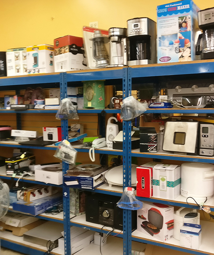 Kitchen appliance heaven, where bread machines and coffee makers of every era stand ready for their triumphant return to counter duty.