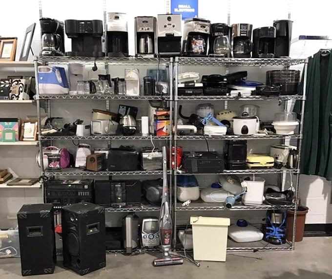 Coffee makers stand at attention like caffeinated soldiers. These percolating veterans have brewed thousands of morning pick-me-ups in their previous lives.