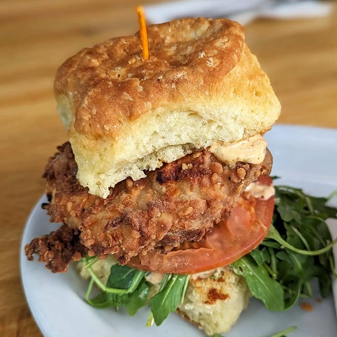 This fried chicken biscuit sandwich stands tall and proud, like the architectural achievement it truly is. Structural integrity never tasted so good.