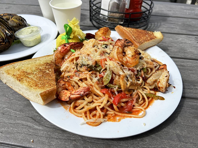 Pasta that makes Italians nervous. This mountain of linguini topped with perfectly cooked seafood might just rival anything in the old country.