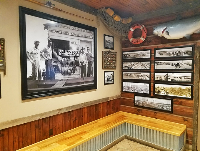 Fishing photos and memorabilia create an authentic atmosphere that no corporate designer could replicate. This place understands its roots.