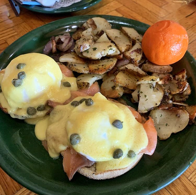 Benedict perfection: English muffins playing dress-up in smoked salmon, poached eggs, and hollandaise that sparkles like Tahoe at sunrise.