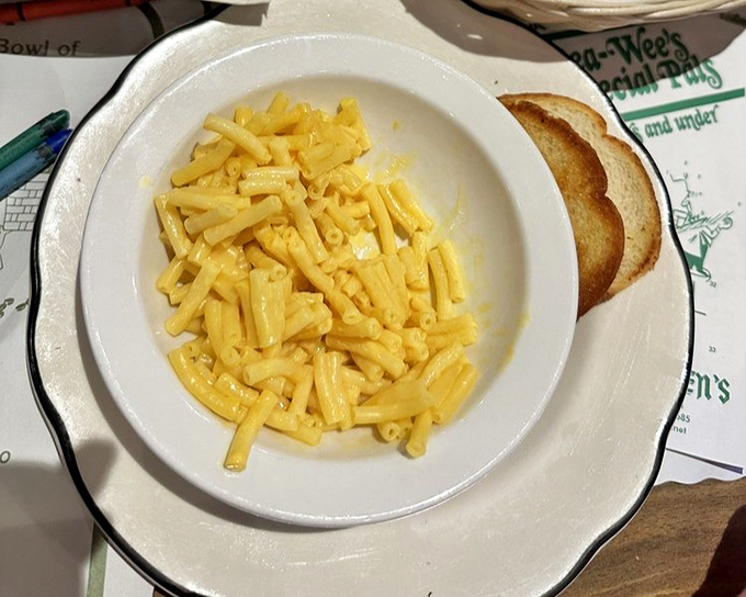 Mac and cheese so gloriously yellow it could guide ships to shore, served with a side of toasted bread for the essential carb-on-carb experience.