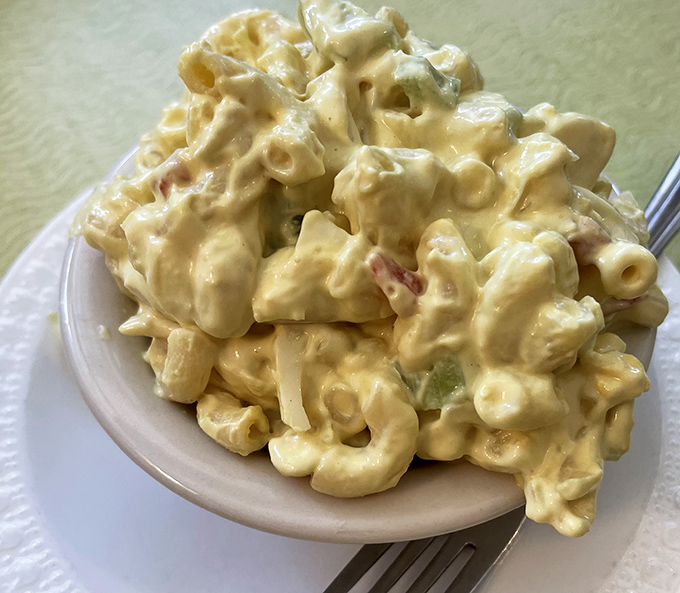 Mac salad that doesn't come from a plastic tub in the back of a refrigerated truck. Creamy, substantial, and made with the care your picnics deserve.