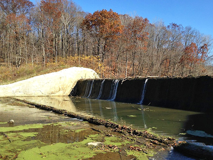 This modest waterfall creates a surprisingly mesmerizing soundtrack for autumn reflection, proving Mount Gilead knows how to showcase every season's beauty.