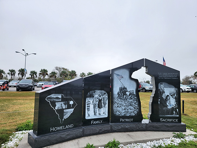 This striking memorial honors sacrifice with South Carolina-shaped remembrance, a somber counterpoint to the museum's more technical displays.