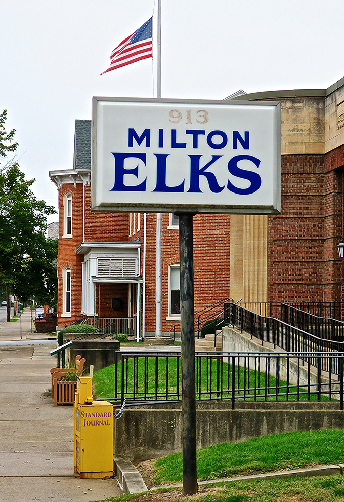 The Milton Elks sign stands as a humble reminder that social clubs once formed the backbone of American community life before Netflix claimed our evenings.