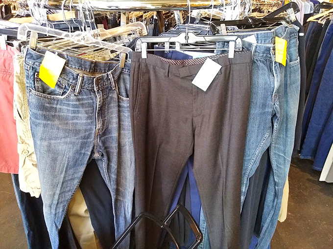 The pants selection offers everything from office-appropriate slacks to weekend-ready jeans. Fashion democracy at its finest.