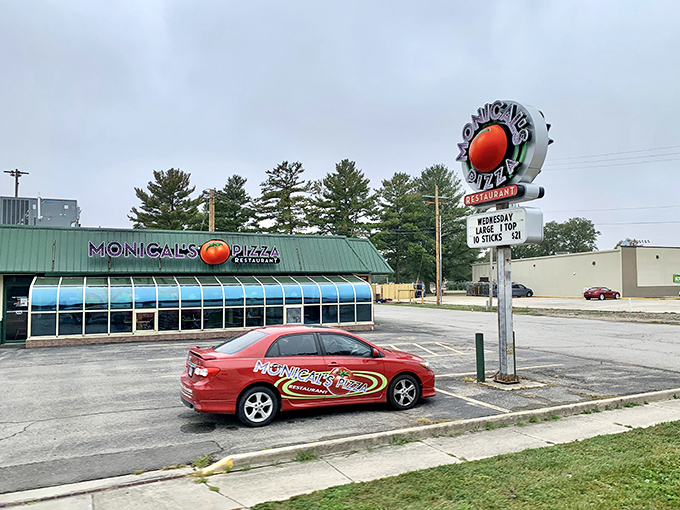 Monical's Pizza, with its retro signage and delivery car, stands ready to satisfy that universal craving for thin-crust pizza that's become a Central Illinois tradition.