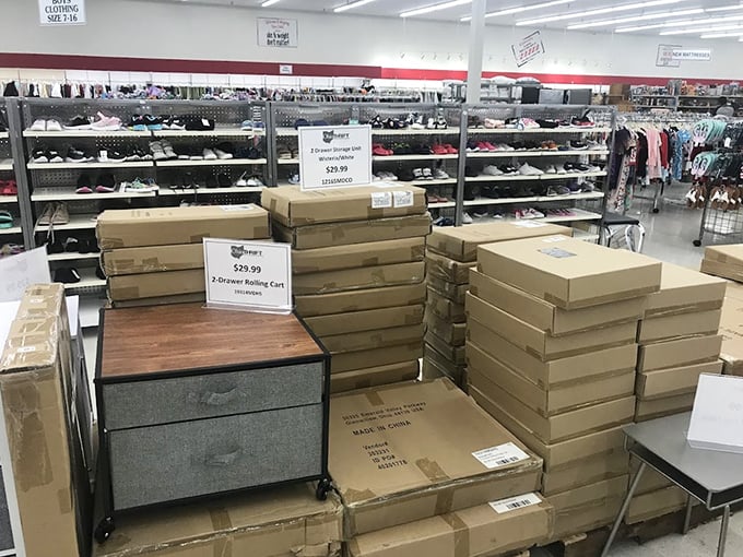 New arrivals await their turn on the sales floor. Tomorrow's treasures, boxed up and ready for their second chance at usefulness.