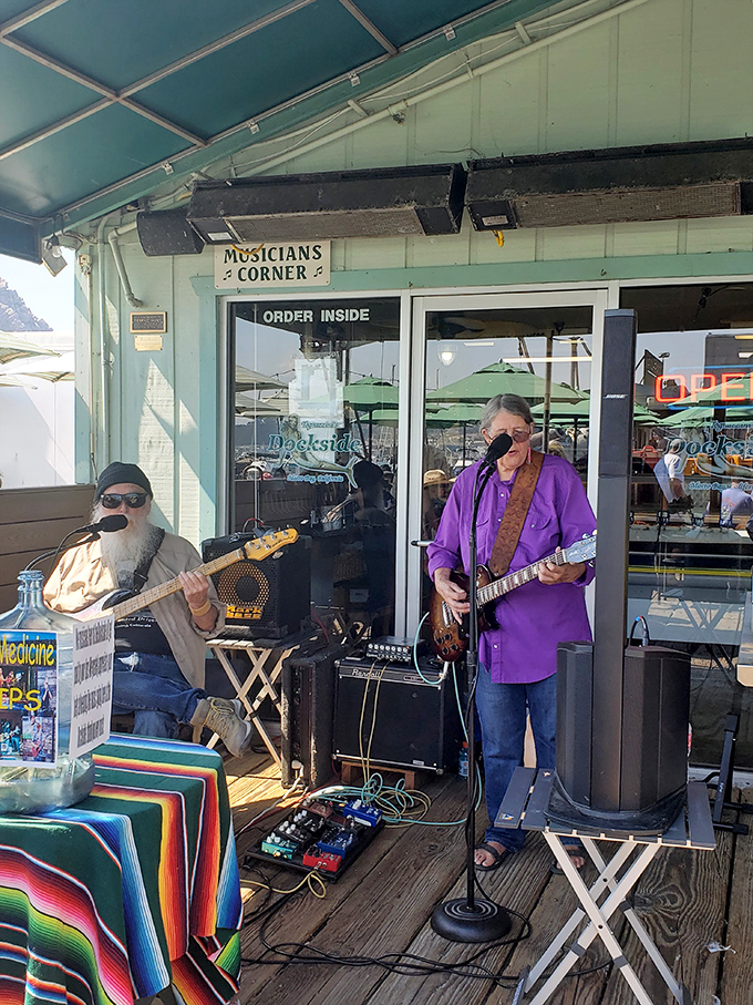 "Musicians Corner" &ndash; where local talent provides the soundtrack to your seafood adventure. The blues pair perfectly with those oysters.