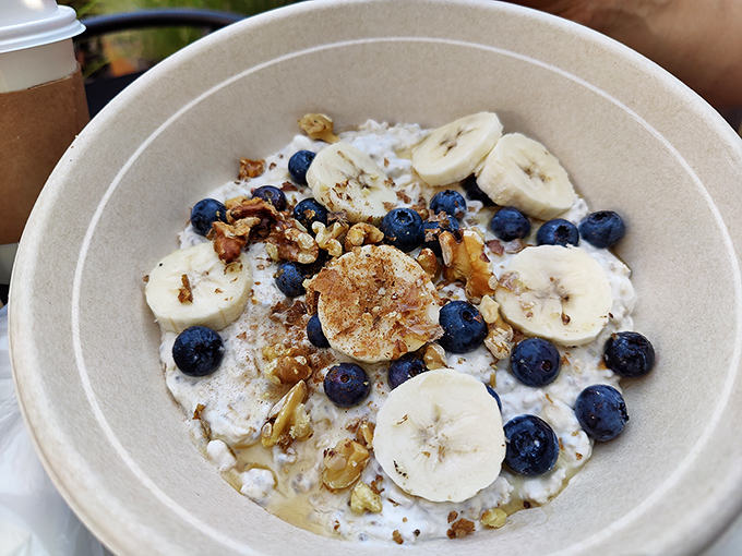 Overnight oats that make waking up worthwhile&mdash;blueberries, bananas, and walnuts creating a breakfast symphony in a humble bowl.