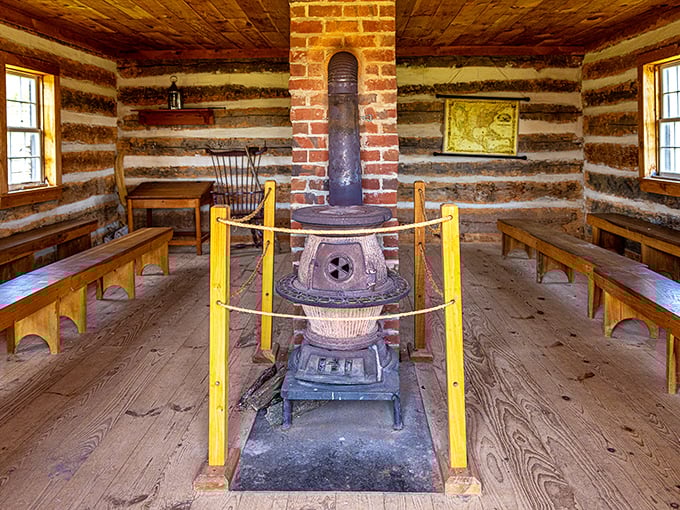 The original classroom technology? A wood-burning stove. This one-room schoolhouse reminds us that education has always been central to American communities.