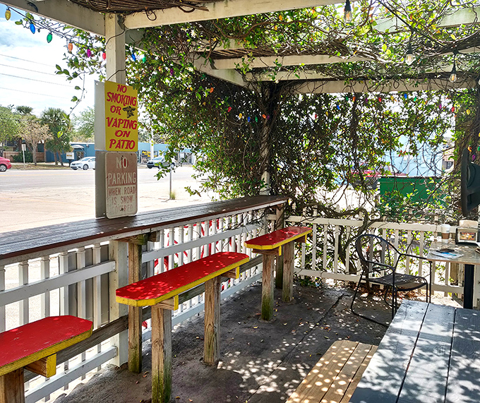 The vine-covered outdoor seating area offers dappled shade and a gentle breeze &ndash; nature's perfect complement to hot dog perfection.