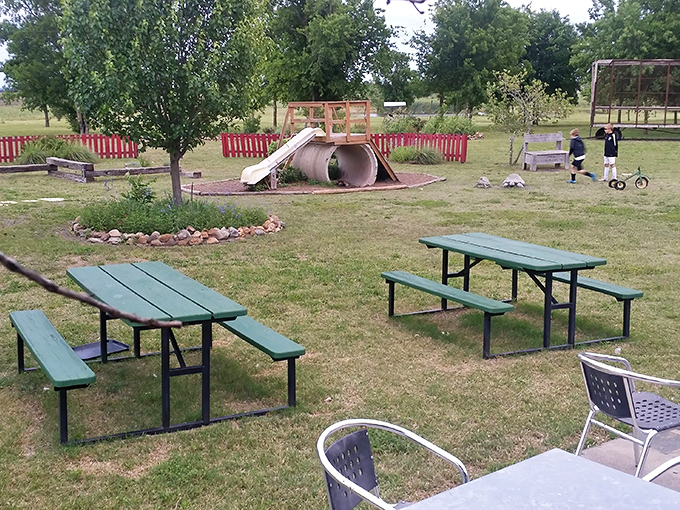 Beyond the porch, picnic tables and a playground create a family-friendly oasis where kids can burn energy while adults contemplate second helpings.