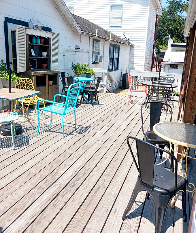 Al fresco gelato heaven. Colorful chairs on a wooden deck create the perfect stage for your frozen masterpiece to make its grand appearance.