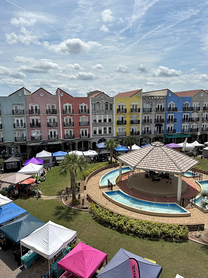A rainbow of buildings surrounds the central plaza. European Village's architecture creates a backdrop for farmers markets and community gatherings that feel delightfully un-Florida.