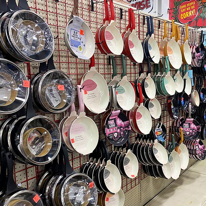 Pots and pans in every color of the rainbow. Julia Child would approve of both the selection and the prices.