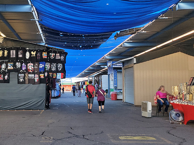 The blue canopy creates a comfortable shopping corridor where treasure hunters can browse without auditioning for a desert survival movie.