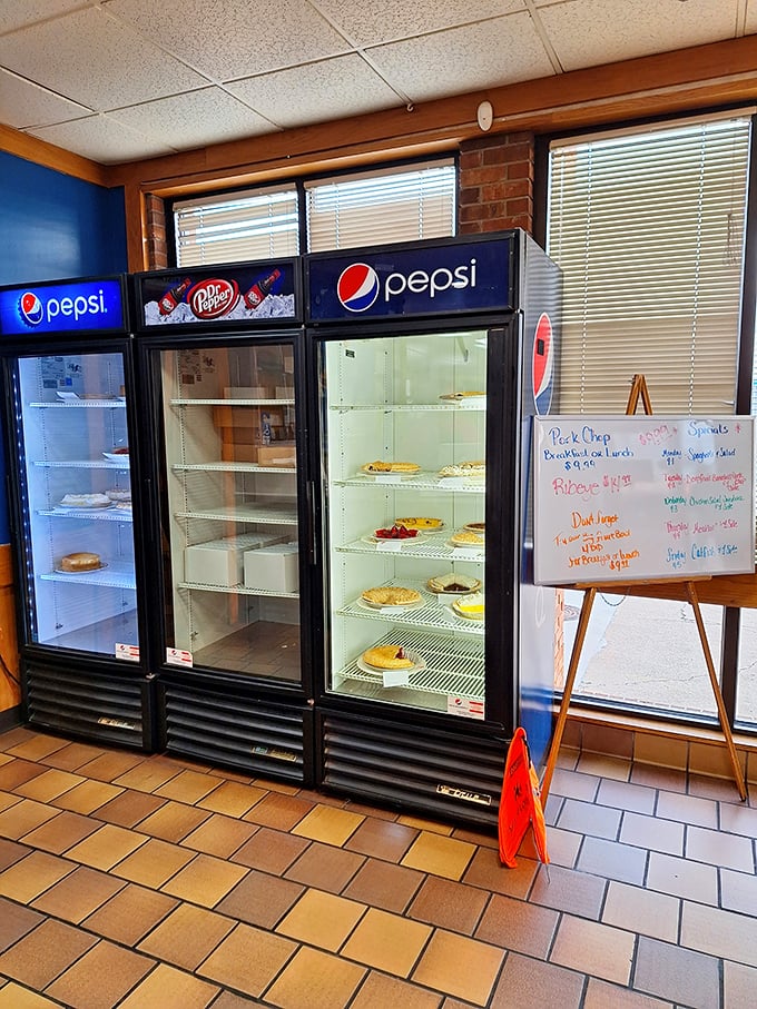 Fresh pies displayed like edible artwork, tempting you to save room for dessert before you've finished dinner.