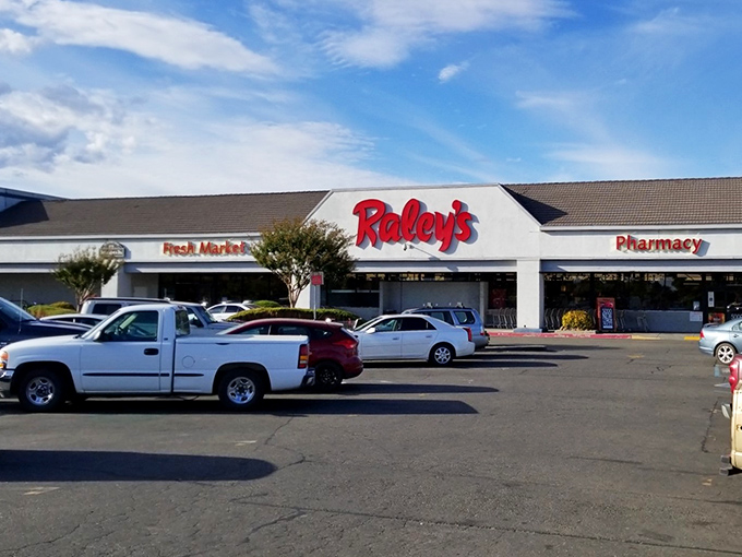 Even the Raley's supermarket looks inviting in Red Bluff—proof that small towns elevate everyday errands into social occasions.