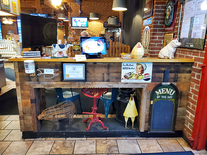Whimsical farm animals and vintage signs create a reception area that says, "We're serious about our meat, but not much else."