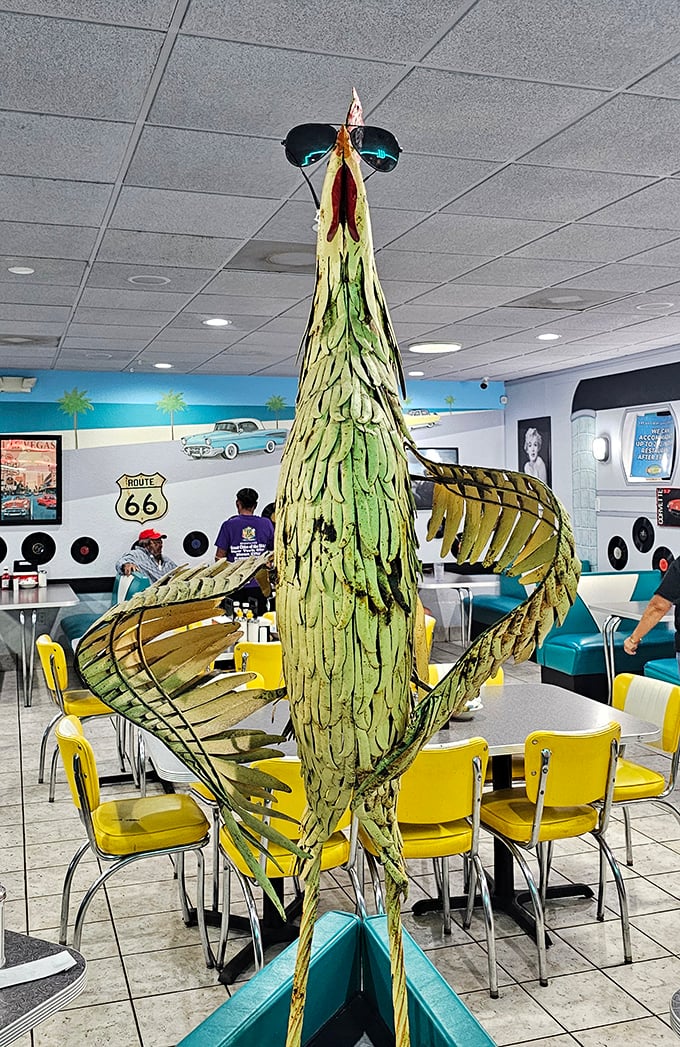 The rooster mascot sporting sunglasses isn't just decoration&mdash;he's the unofficial mayor of Egg City, overseeing breakfast operations with poultry panache.