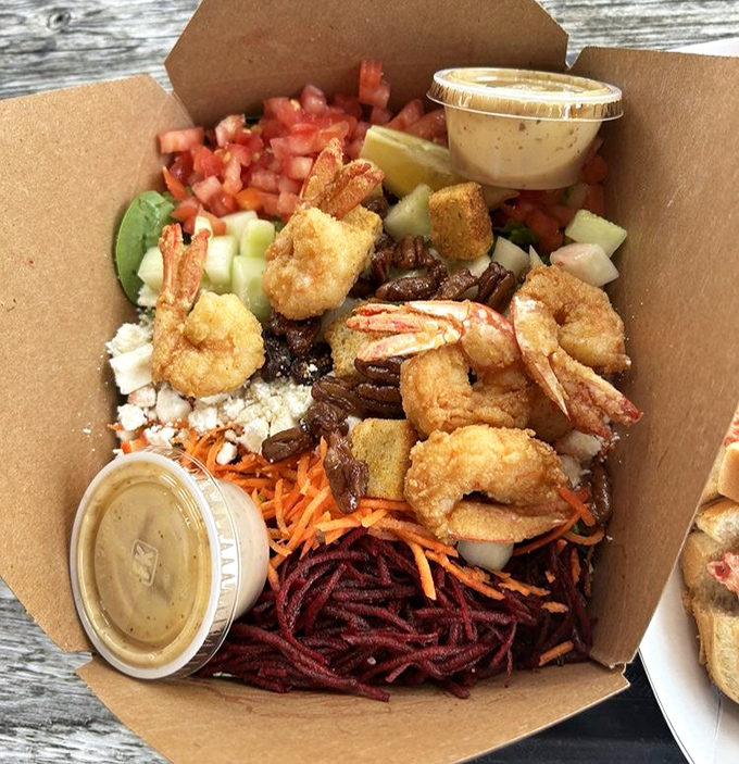 This colorful box of goodness proves that salads don't have to be boring—especially when plump shrimp and fresh vegetables join the party.