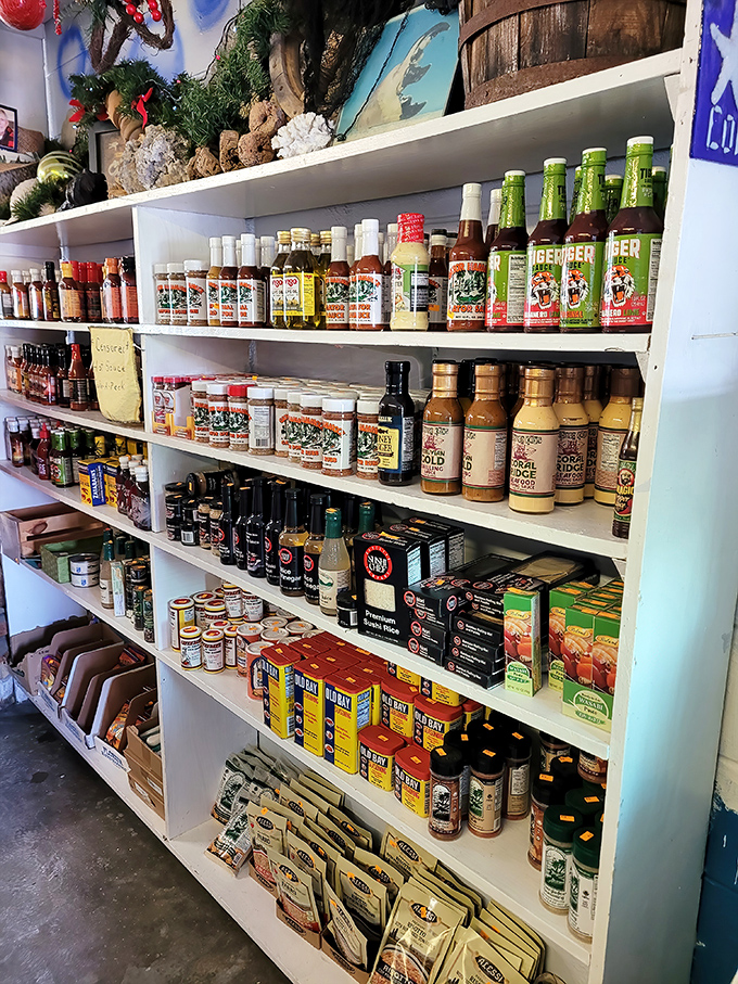 The sauce selection rivals some people's book collections. Each bottle holds potential flavor magic for your seafood adventure.