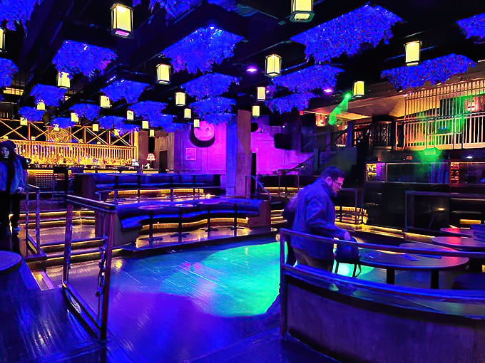 Electric blue lighting transforms ordinary dining into an otherworldly experience. Even the ceiling seems to be growing something delightfully strange.