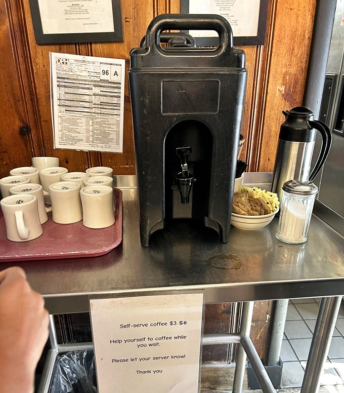 Self-serve coffee station: the beating heart of any serious diner. That insulated dispenser has seen things, my friends.