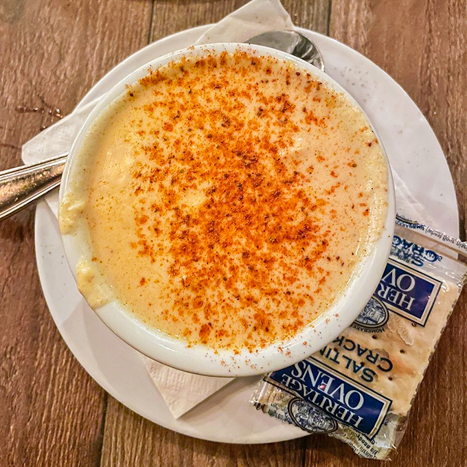 This she-crab soup, dusted with paprika, isn't just a starter &ndash; it's a velvety hug in a bowl that makes you forget all your worries.