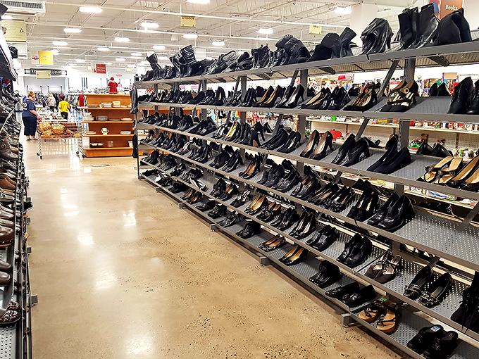 The shoe department rivals mainstream retailers in selection and organization, proving one person's "last season" is another's "just discovered."