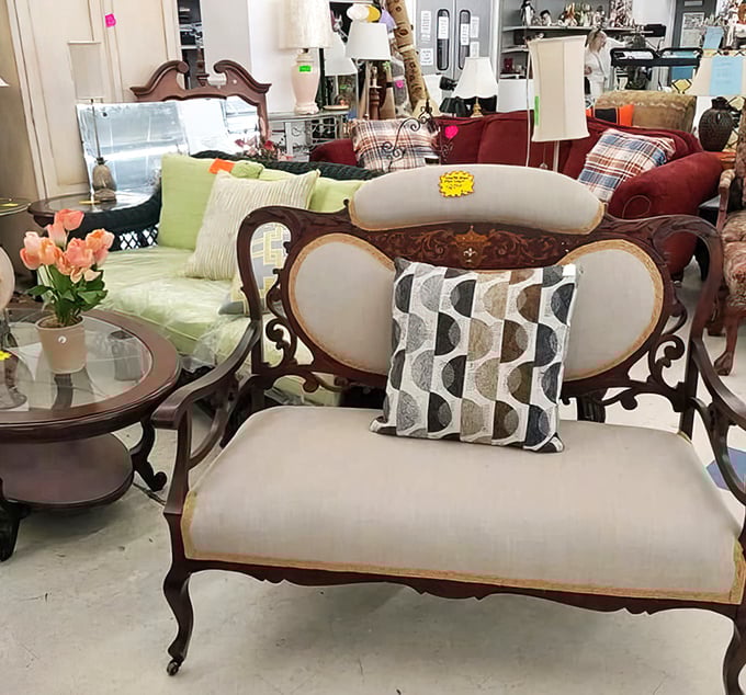This elegant settee has seen decades of conversations, celebrations, and quiet moments&mdash;just waiting for its next chapter in someone's home.