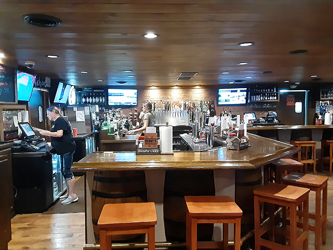 The staff maintains a calm demeanor despite working in a place where food portions regularly defy the laws of physics.