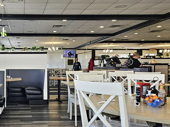 The dining area's modern touches blend with traditional diner comfort, creating the perfect backdrop for morning conversations.