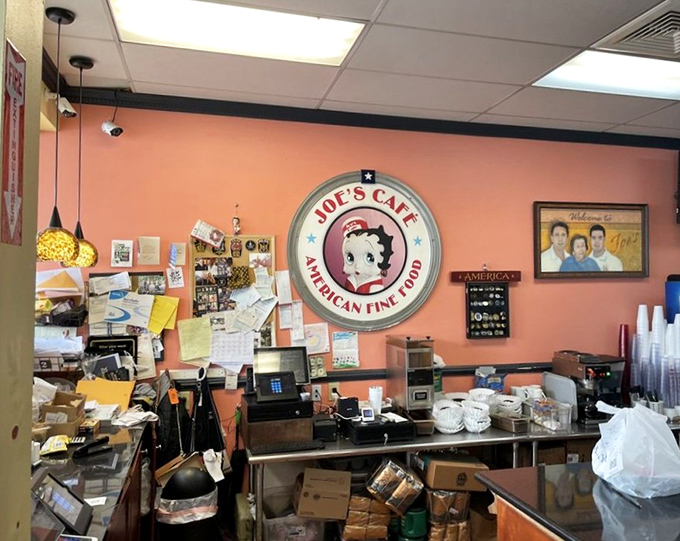 The organized chaos behind the counter tells the story of a well-loved establishment where every note, receipt, and memory finds its place.