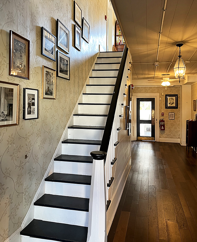 These stairs have carried generations of diners to upper dining rooms, each step worn with the patina of hospitality.