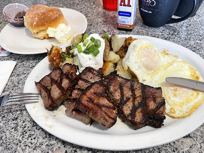 Steak and eggs: the breakfast of champions and those who plan to become champions after a serious protein infusion.