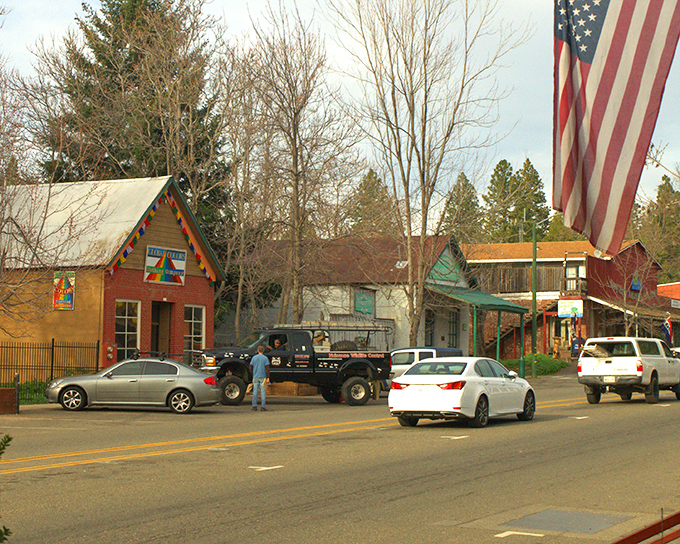 American flags and colorful buildings line Georgetown's main drag, where every storefront seems to tell a story from California's golden past.