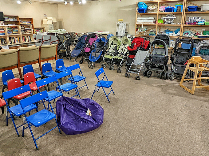 Strollers and tiny chairs proving that raising children doesn't require taking out a second mortgage for equipment.
