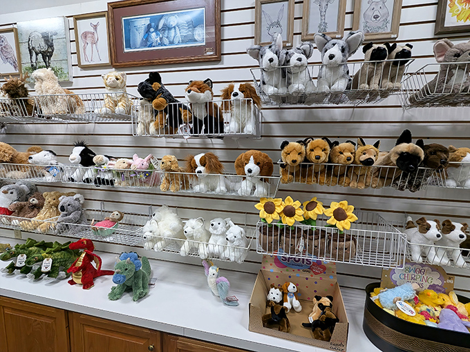 A menagerie of plush friends waits to be adopted. Because nothing says "I visited Amish Country" like a stuffed animal souvenir.