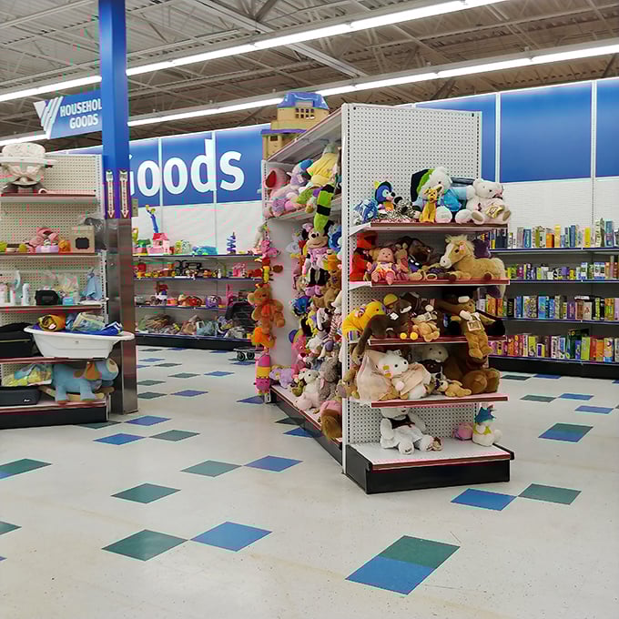 Stuffed animals huddle together, patiently waiting for new children to love them back home.