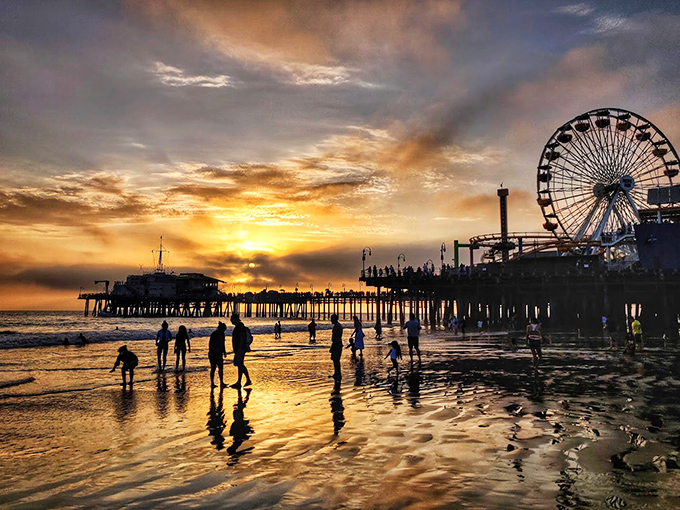 Golden hour alchemy at the water's edge, where sunset chasers find their reward in silhouettes against a California sky on fire.