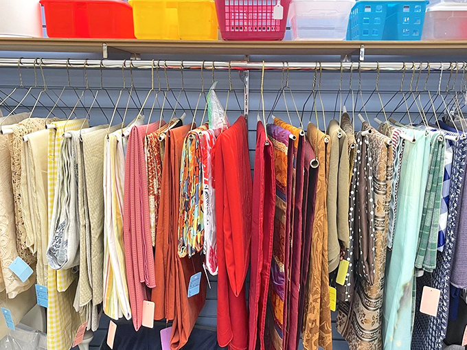 Scarves and fabrics in every hue imaginable. Like walking through a textile rainbow where everything costs less than lunch.