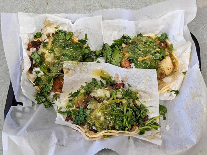 Three perfect tacos lined up like edible soldiers, each one ready to march straight to flavor town. 