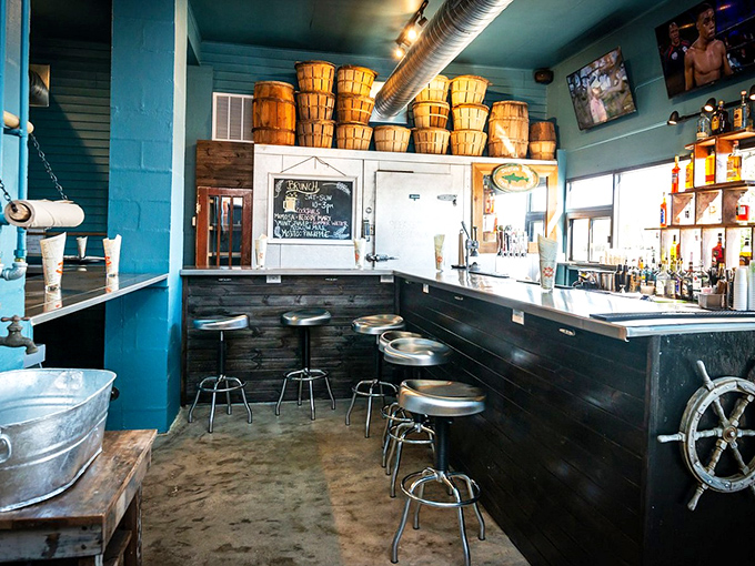 The Picking Room Bar's turquoise walls and nautical touches create the perfect backdrop for sipping local brews and swapping fish tales.