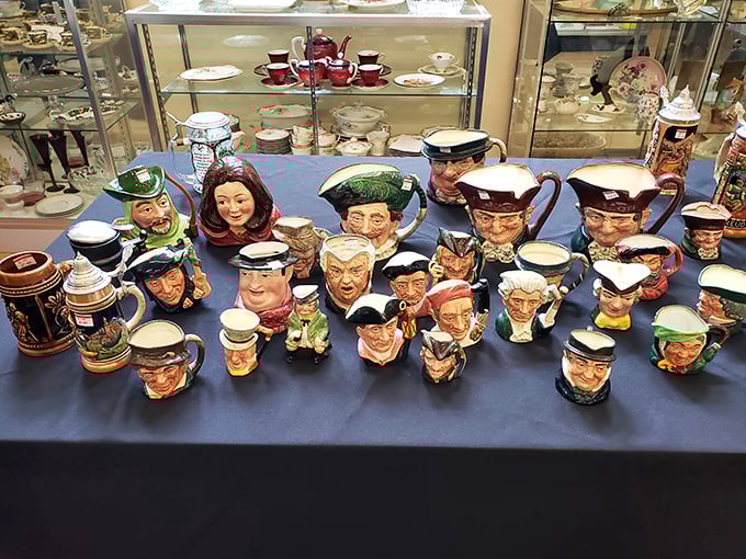 A regiment of character jugs stands at attention &ndash; quirky collectibles that somehow manage to be both charming and slightly unnerving.