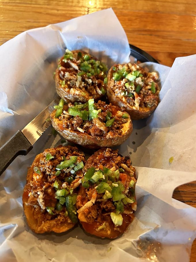 Trailer Park Bruschetta: where highbrow technique meets lowbrow genius. These loaded potato rounds are what happens when culinary rules are joyfully broken.