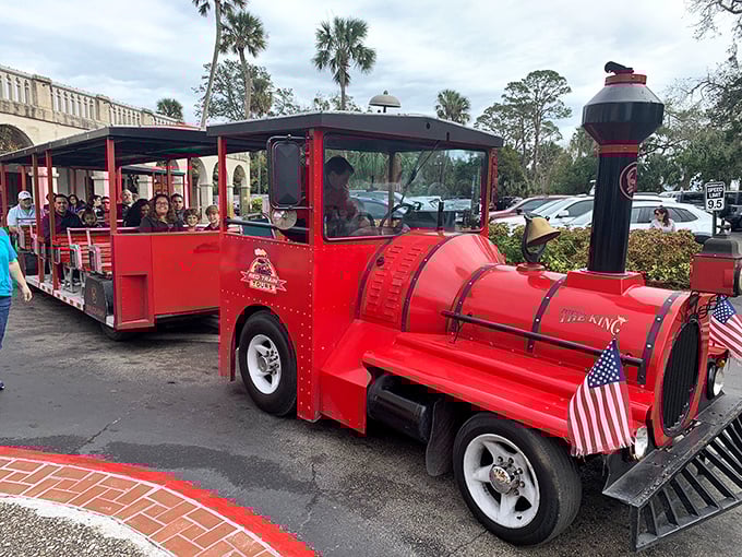 All aboard the sightseeing express! This cheerful red train delivers you to oddities without the walking workout.